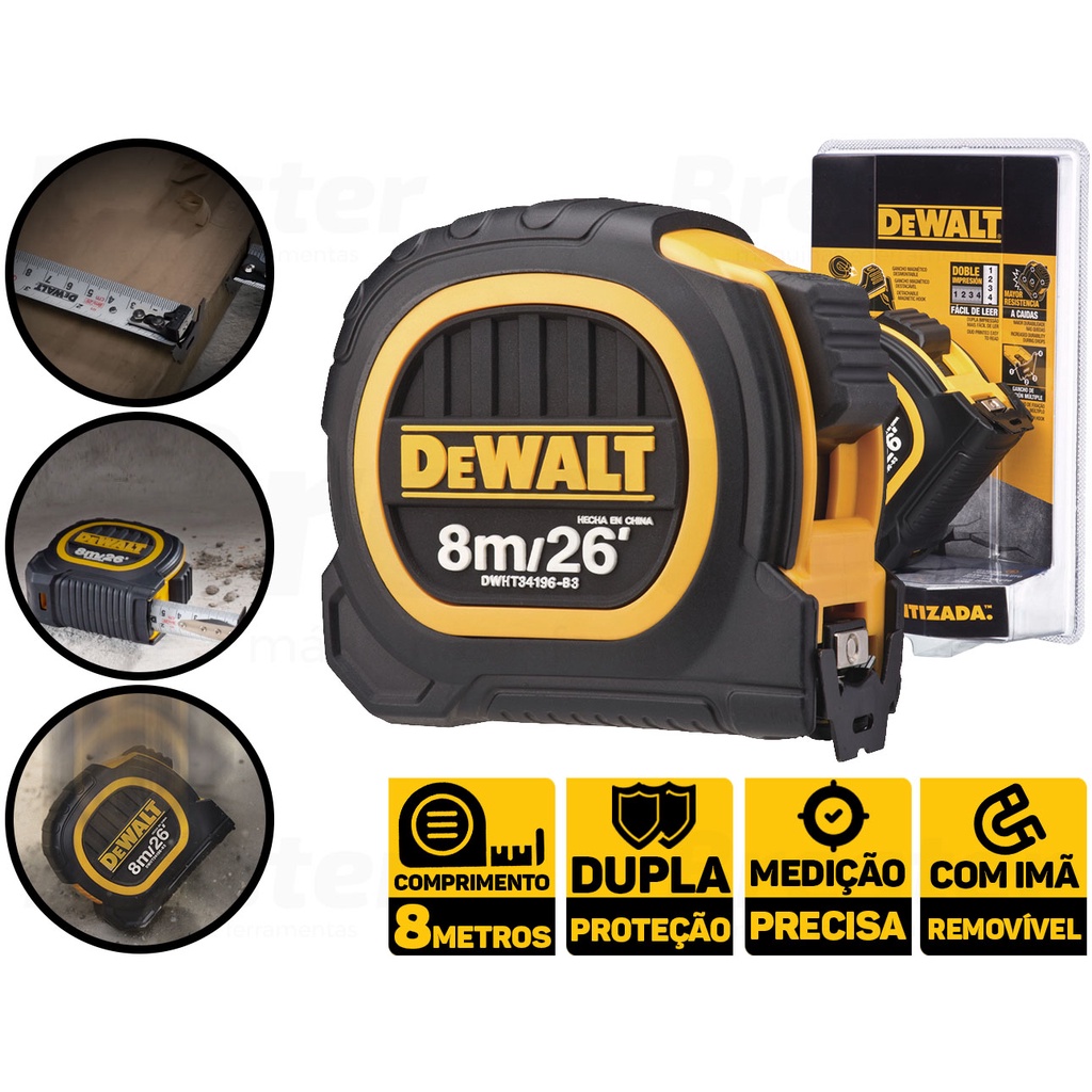 Trena 8 Metros Profissional Emborrachada Com Trava Dewalt DWHT34196L ...