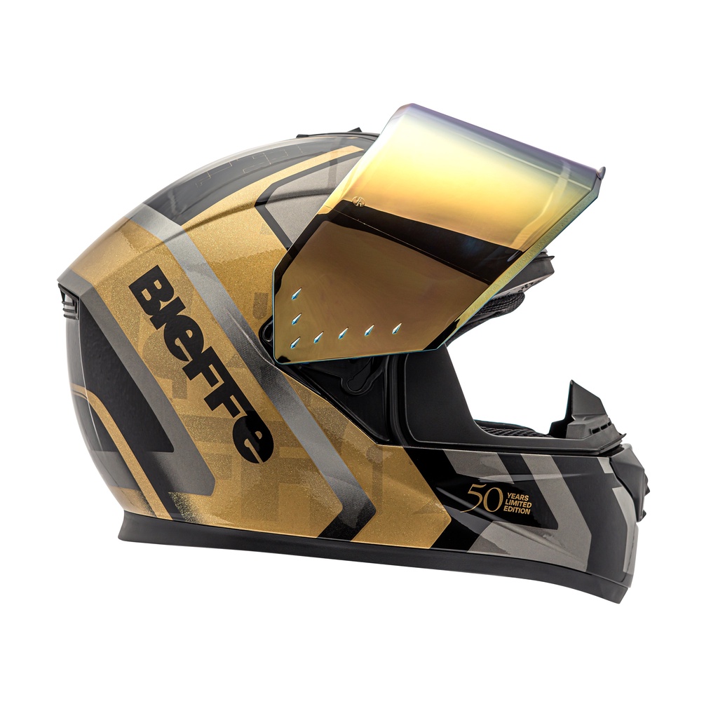 Capacete Bieffe 50 Anos - B-12 Preto Brilho c/ Dourado + Viseiras Fumê ...