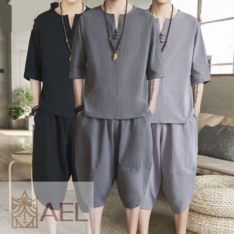 Conjunto Masculino De Linho Fino De Verão Estilo Chinês Folgado Tamanho ...