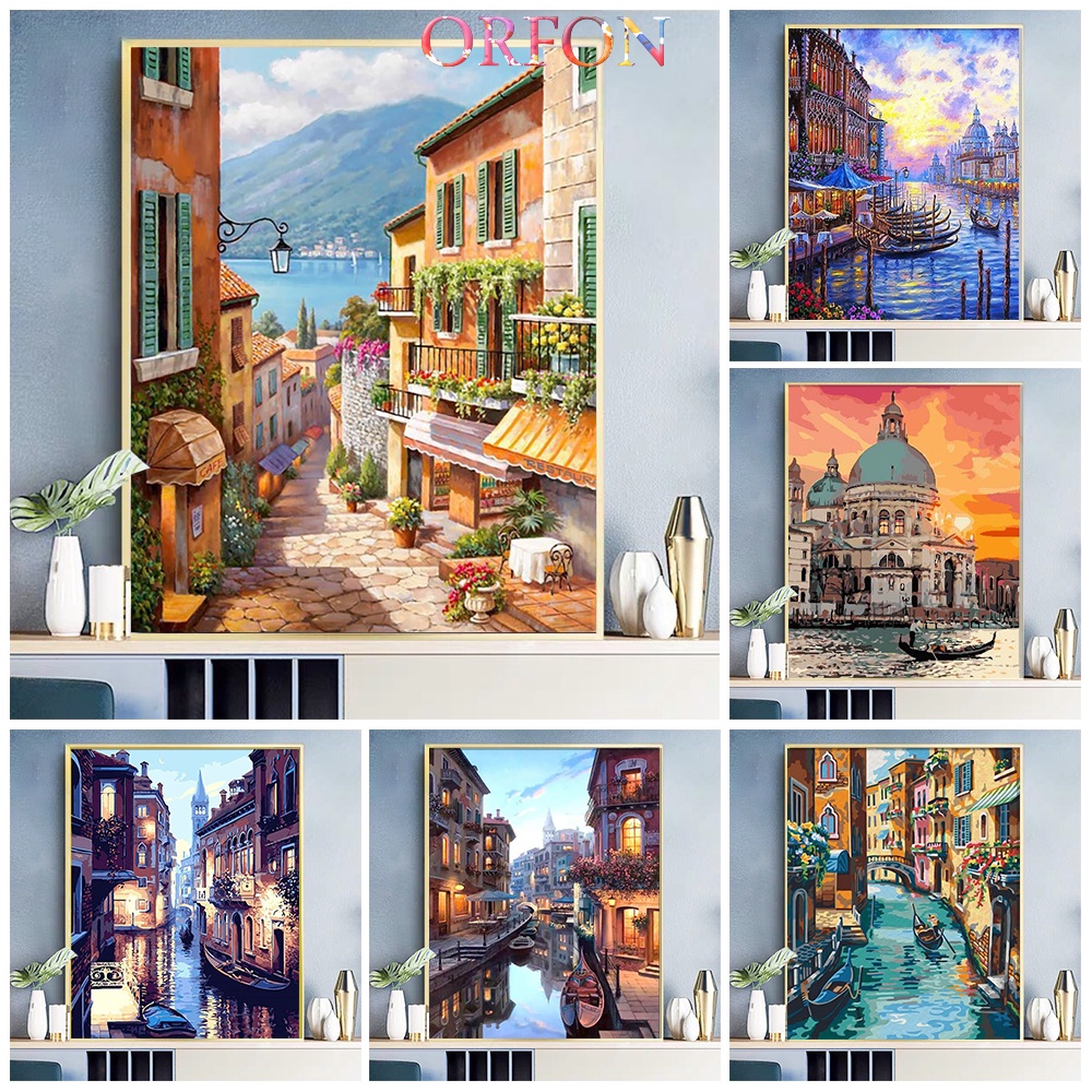 (Orfon) Veneza Canal Cena Da Noite Pintura Por Números DIY Pintura A Óleo Por Números Sobre Tela ...