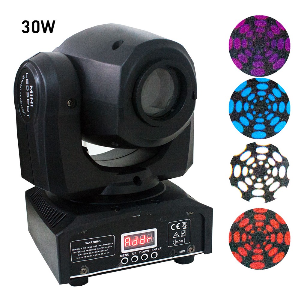 Mini Moving Head Beam Spot Led 30w Dmx 7 Desenhos Cores | Shopee Brasil