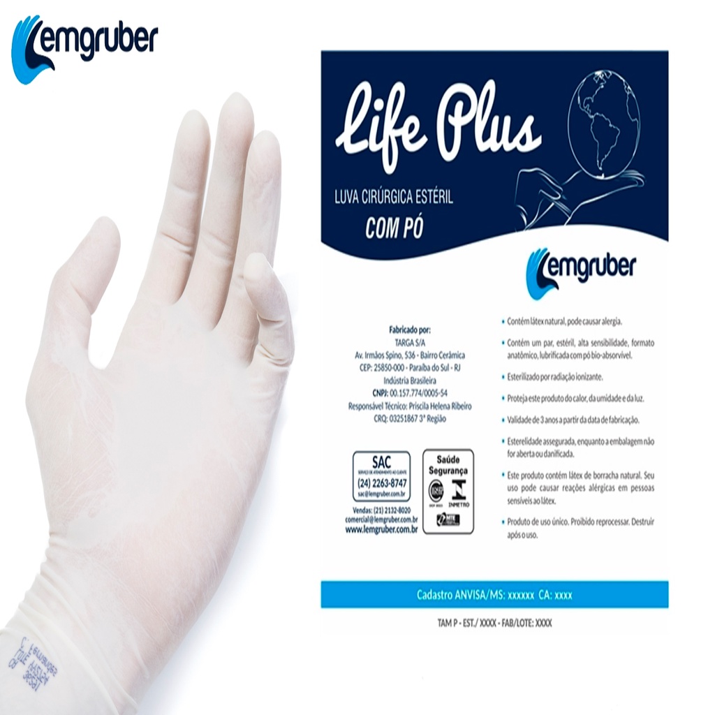 Luva Cirúrgica Life Plus Lemgruber 8,5 Com Pó / Pares | Shopee Brasil