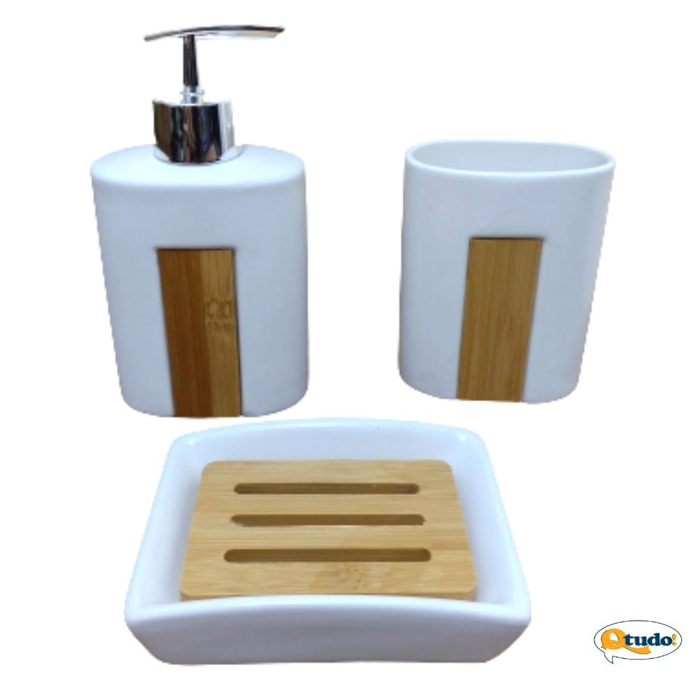 Kit Banheiro Cerâmica | Porta Saboneteira | Jogo De 3 Potes | White and ...
