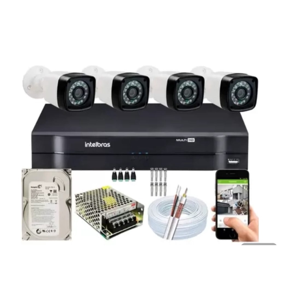 Kit 4 Cameras 1080p Full Hd + Dvr Intelbras 4 ch + cabo 100 metros ...