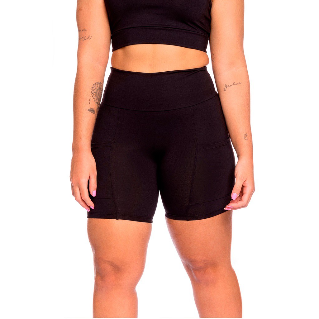 Short Cintura Alta Com Bolsos Laterais Preta Massam Fitness | Shopee Brasil