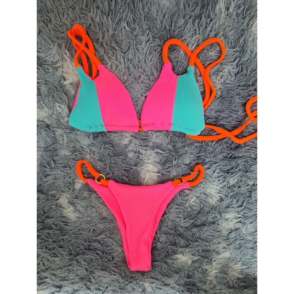Biquini Canelado Rosa Azul E Laranja Shopee Brasil