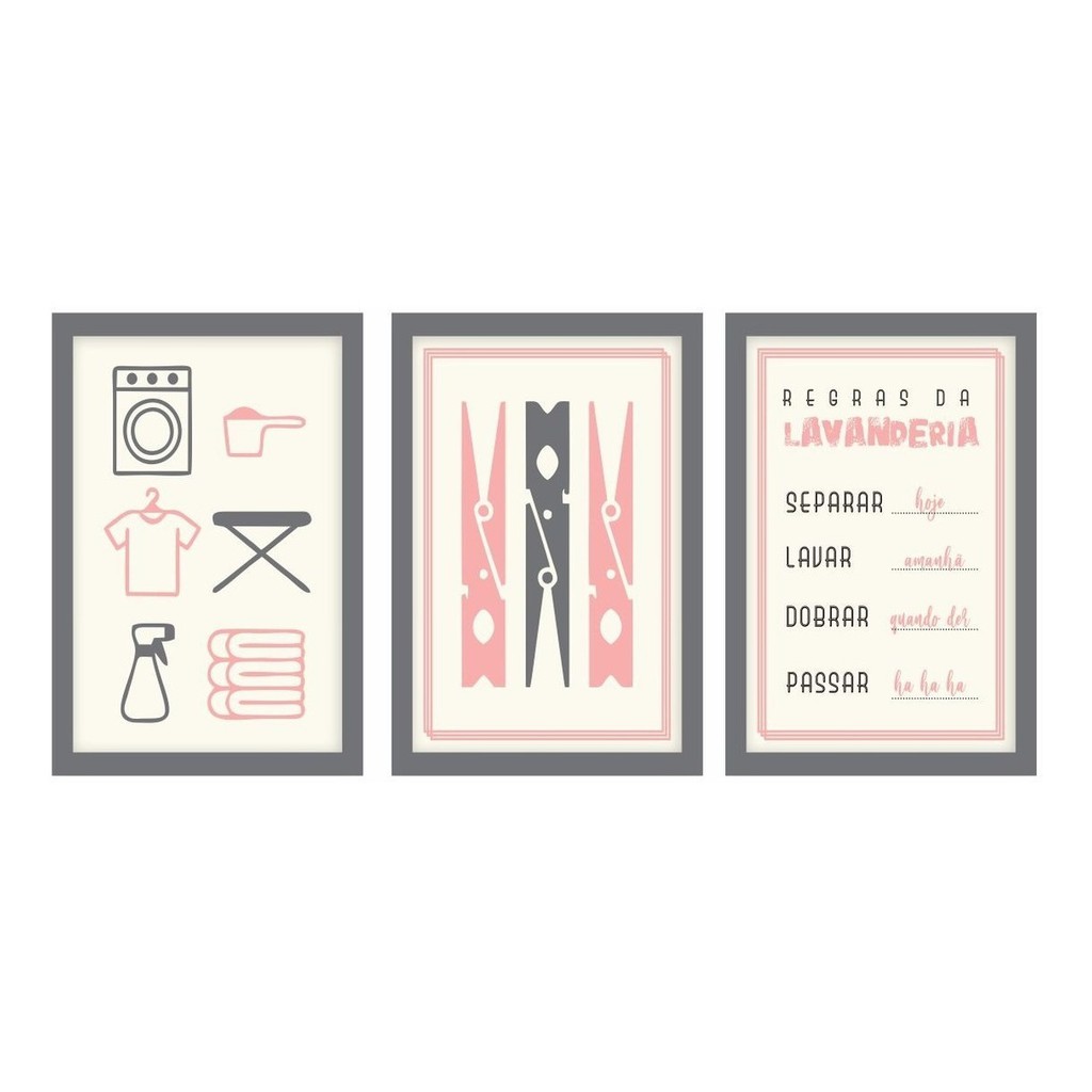 Quadro Plaquinhas Decorativas 3 Peças Regras Da Lavanderia Rosa ...