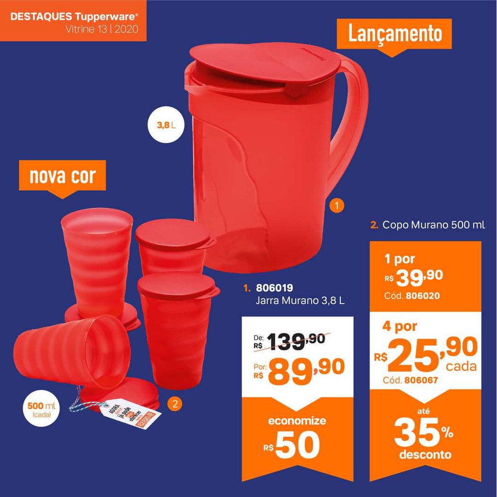 KIT JARRA MURANO 3,8L E 4 COPOS MURANO 500ML TUPPERWARE | Shopee Brasil