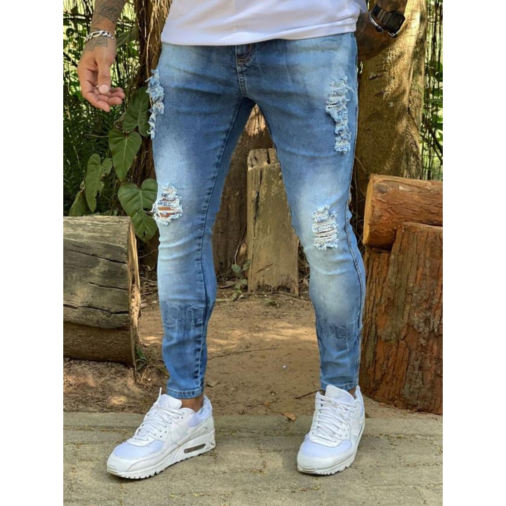 Calça Jeans Masculina Super Skinny Com Lycra Rasgada Elastano Premium