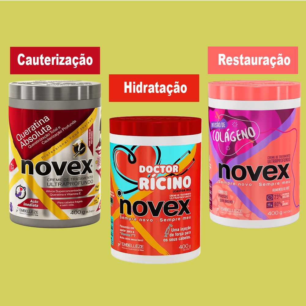 Kit Cronograma Novex 400g Dr. Rícino + Querat Abso + Colágeno (Hid. + Rec. + Nut) | Shopee Brasil