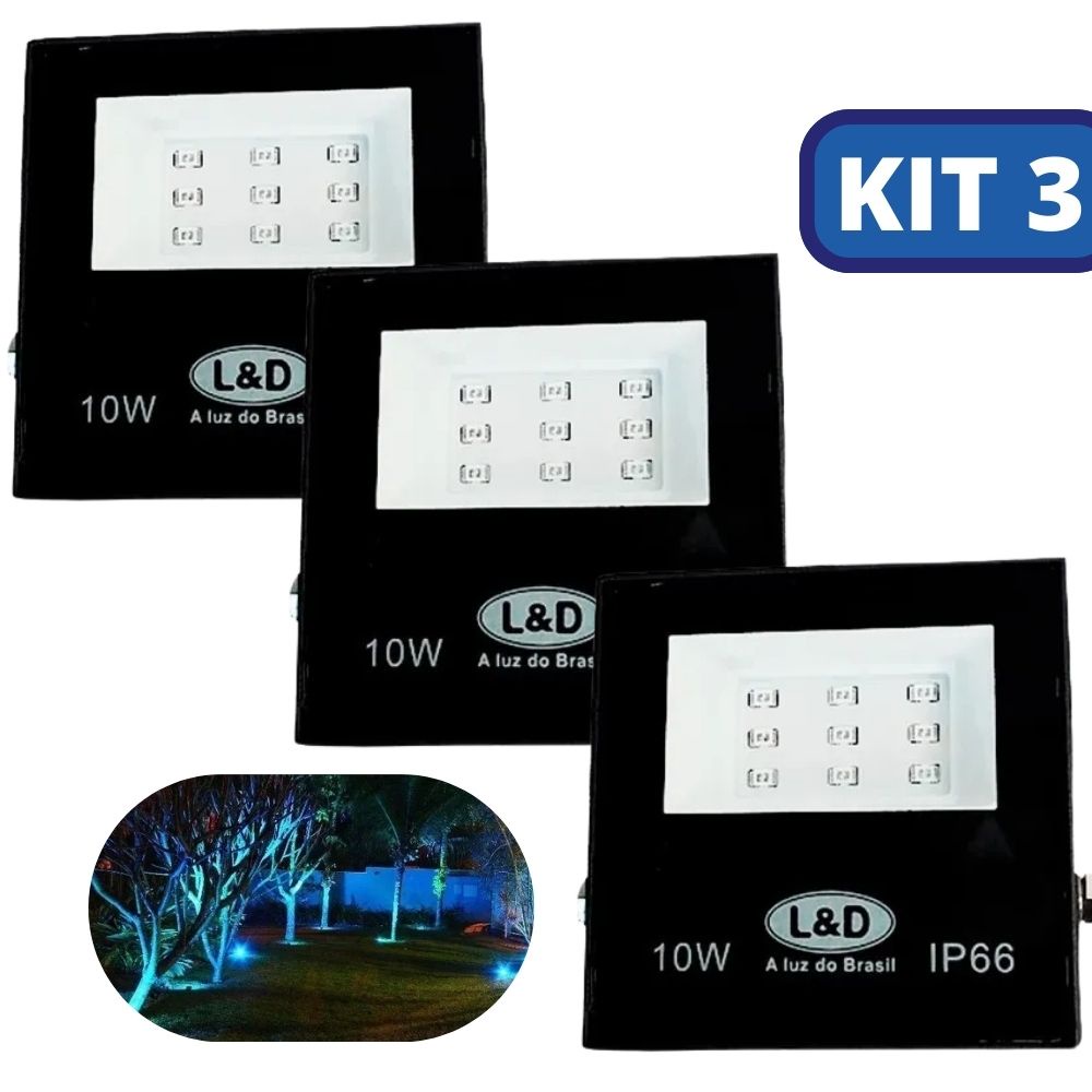 Kit 3 Refletor Led 10w Holofote Bivolt Slim Resistente Agua Azul IP66 | Shopee Brasil