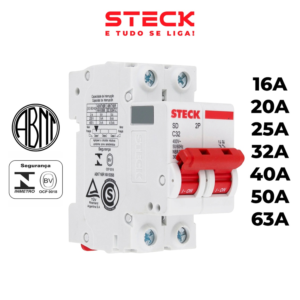 Disjuntor Bipolar 2 Polos Din Curva C 16A 20A 25A 32A 40A 50A 63A Steck | Shopee Brasil