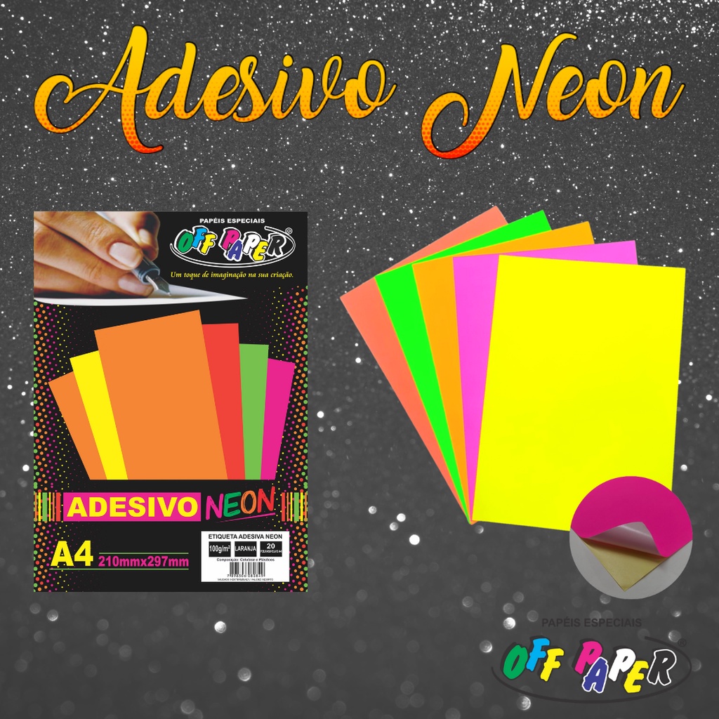 Papel Adesivo Neon 100g Offpaper (20 Fls A4) Etiqueta Adesiva Colorida ...