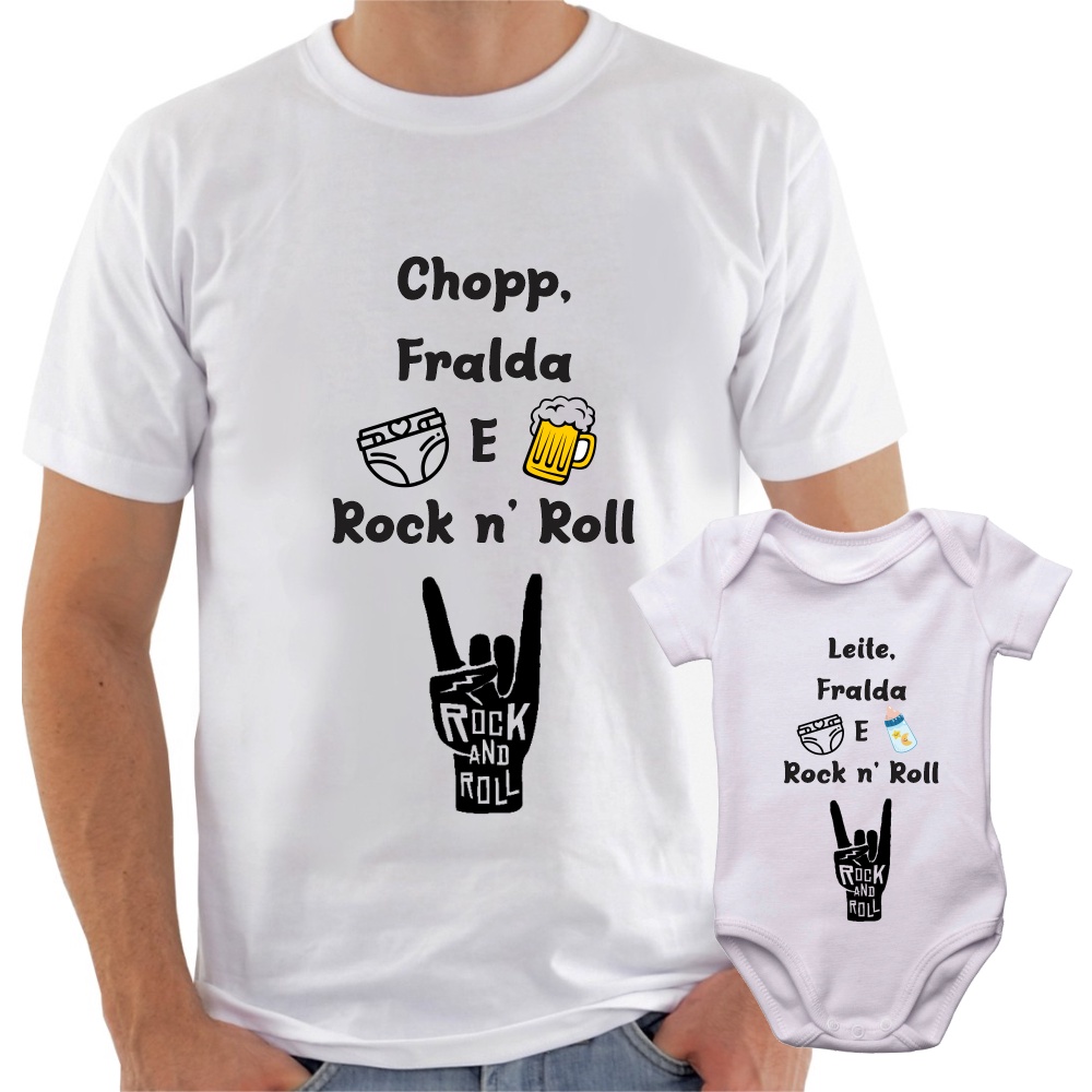 Camiseta + Body Infantil Chopp Fralda E Rock n Roll Pai + Filho ...