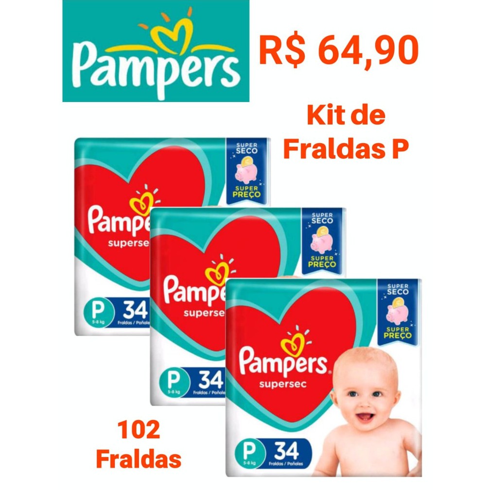Kit 3 Fraldas Pampers Super Sec P 34 unidades | Shopee Brasil