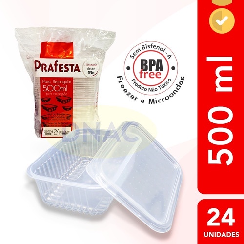 Embalagem 500ml retangular Plástico Para Microondas E Freezer, Marmita Fit 24 unidades, pote ...