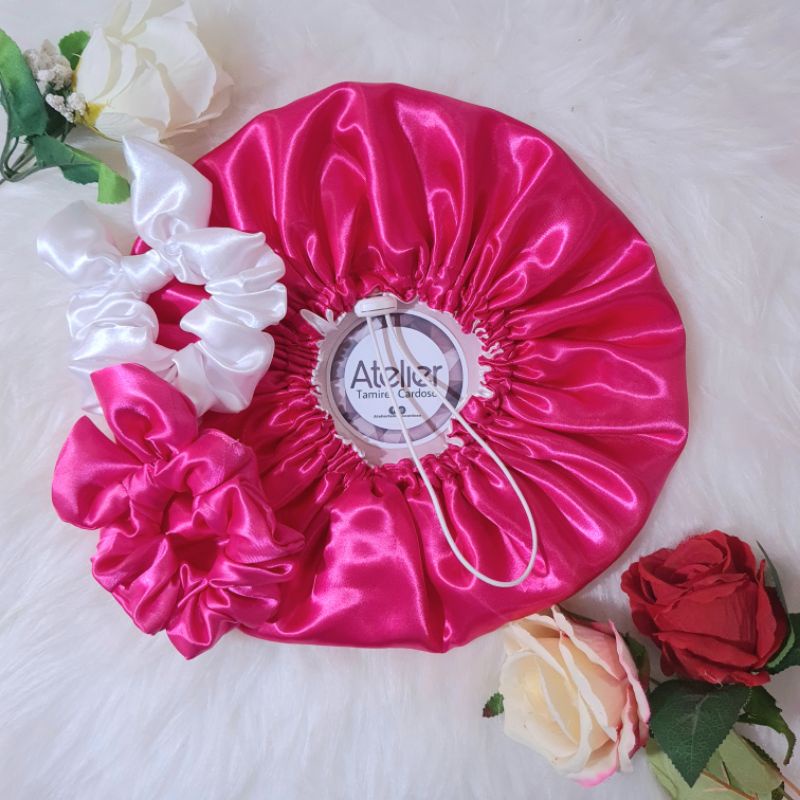 Kit 1 Touca De Cetim M Dupla Camada Regulável + 2 Scrunchies | Shopee ...