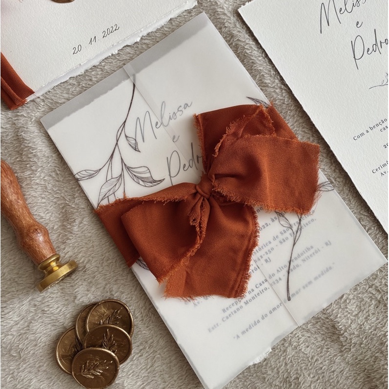 Convite de Casamento com fita de tecido e papel vegetal (10un) | Shopee Brasil
