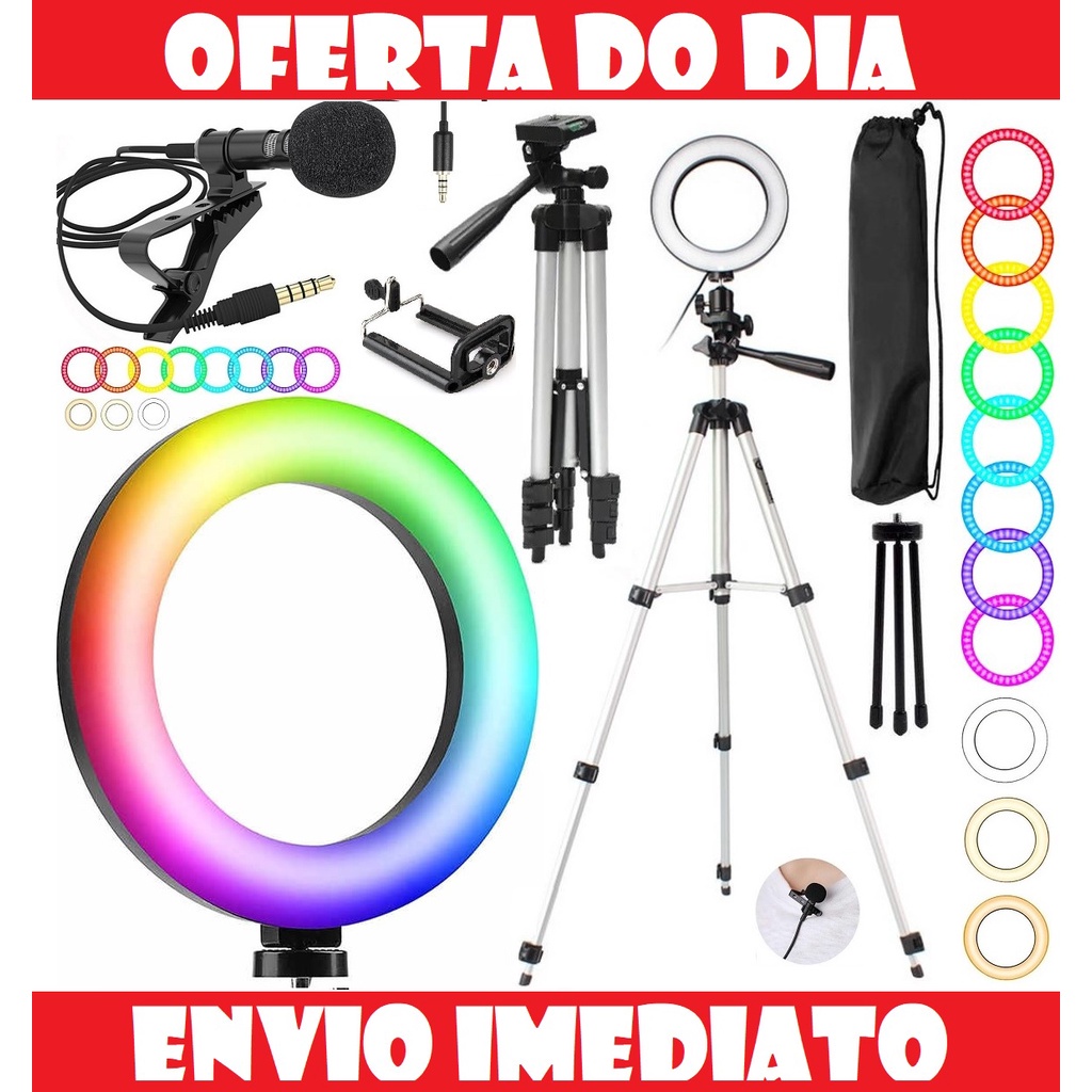Kit Youtuber Tripé Universal Profissional Celular + Iluminador Ring Light Rgb Colorido Microfone ...