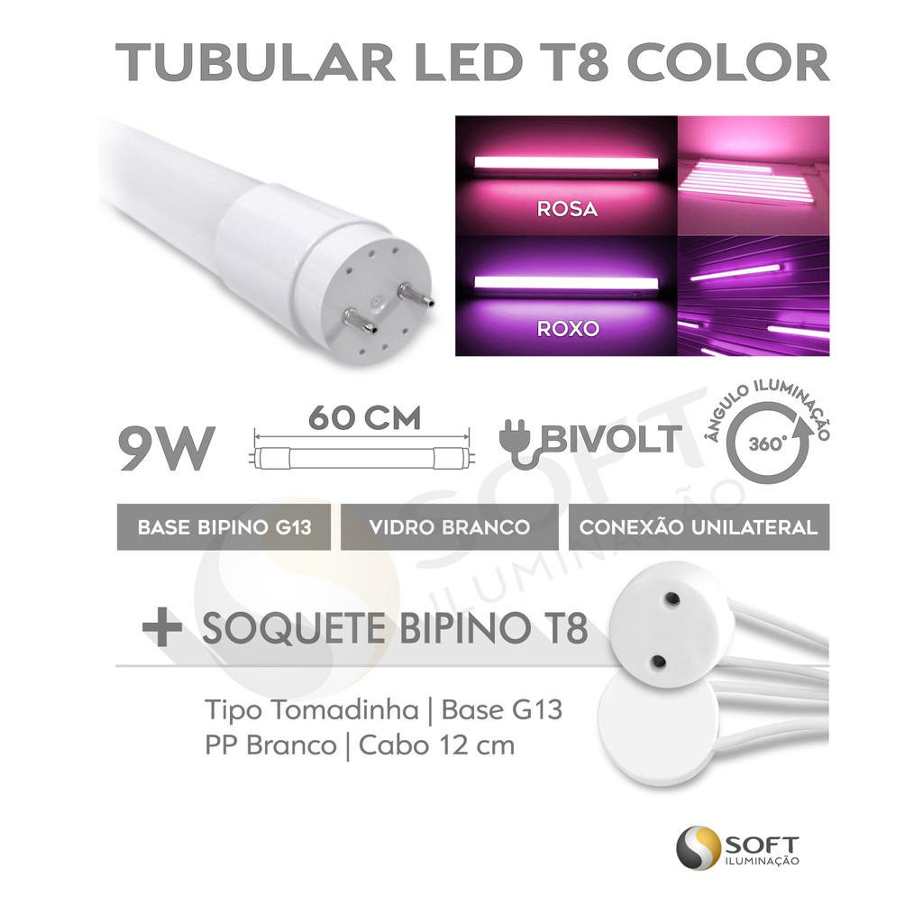Kit 3 Lâmpadas Tubular LED T8 ROSA OU ROXA 9W 60cm Bivolt 360º Base G13 ...