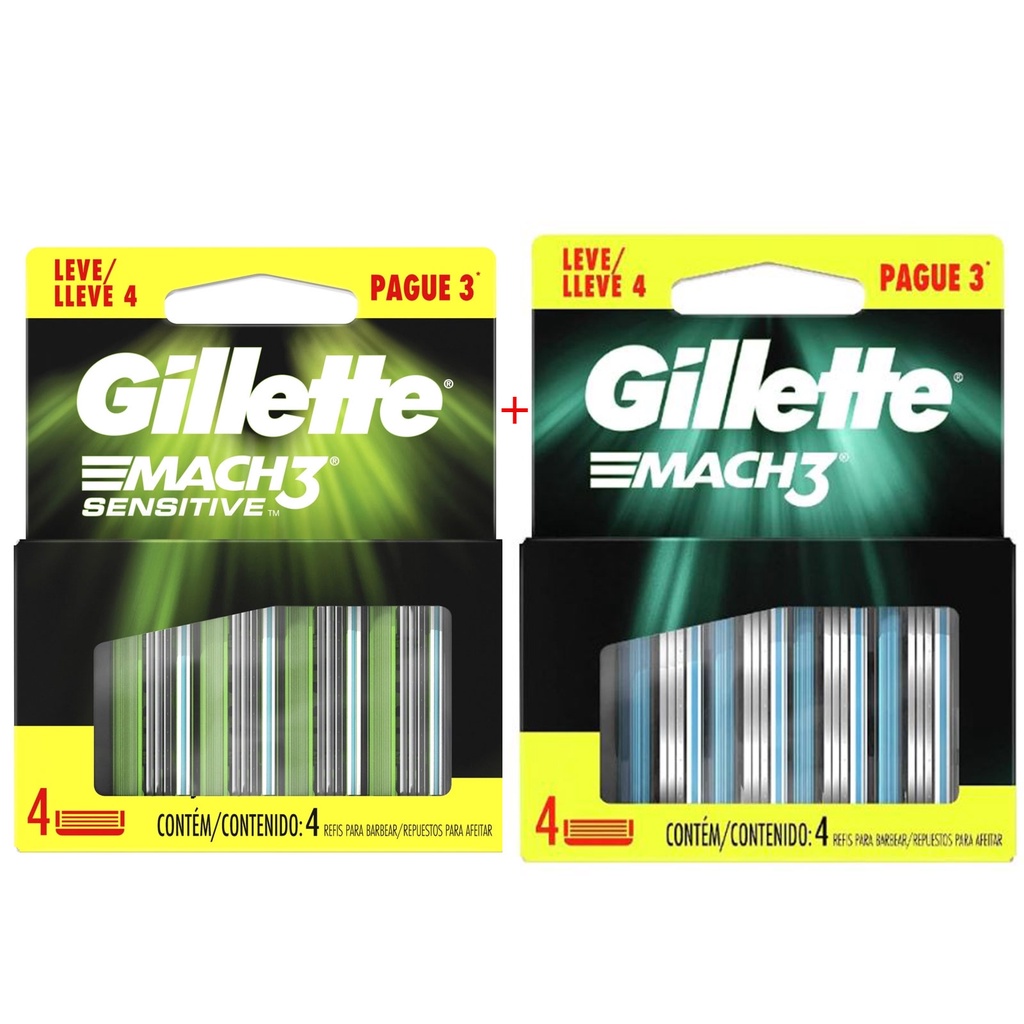 Gillette Mach 3 Refil De Lâminas Contém 4 unidades Sensiteve + 4 Comum ...
