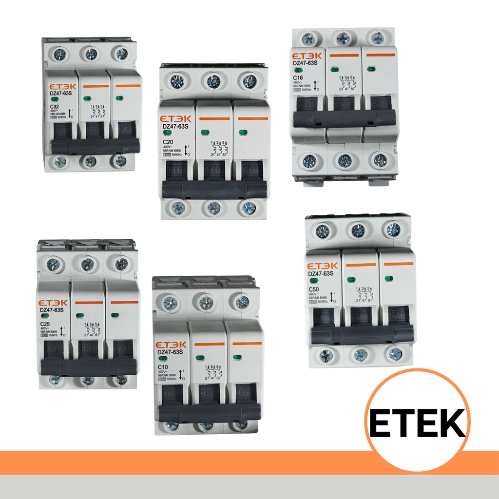 Disjuntor Tripolar Din MCB Curva C 10A até 63A Etek | Shopee Brasil