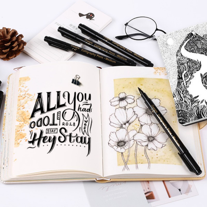 4 Pçs/Kit Canetas Brush Pen Lettering Multifuncional Caneta Preta Para ...
