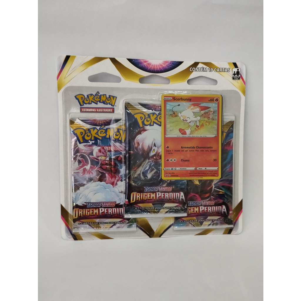 Pokémon TCG - Triple Pack Scorbunny Espada E Escudo 11 Origem Perdida | Shopee Brasil