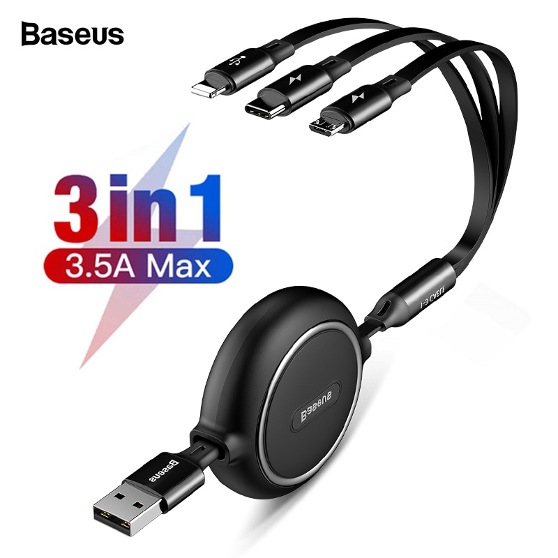 Baseus Cabo De Dados USB Retrátil 3 Em 1 3A Tipo C Para iPhone micro Carregador De Carga Rápida ...
