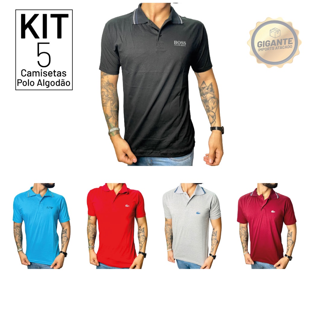 Kit Com 5 Camisas Gola Polo Premium Malha 100% Algodão Malha Fria ...