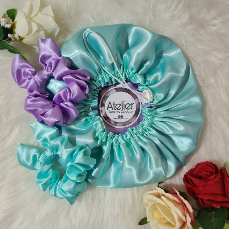Kit 1 Touca De Cetim M Dupla Camada Regulável + 2 Scrunchies | Shopee ...