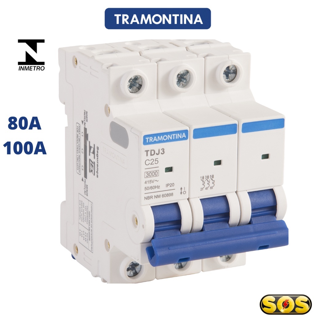 Disjuntor tripolar din 80A ou 100A curva c tramontina | Shopee Brasil