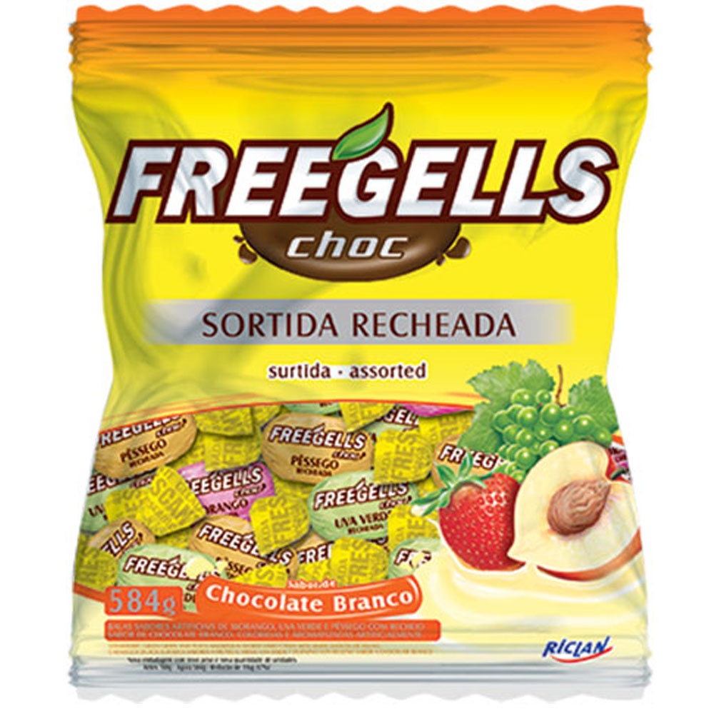 Bala Dura Recheada Chocolate Branco e Frutas Sortidas Freegells 584g ...