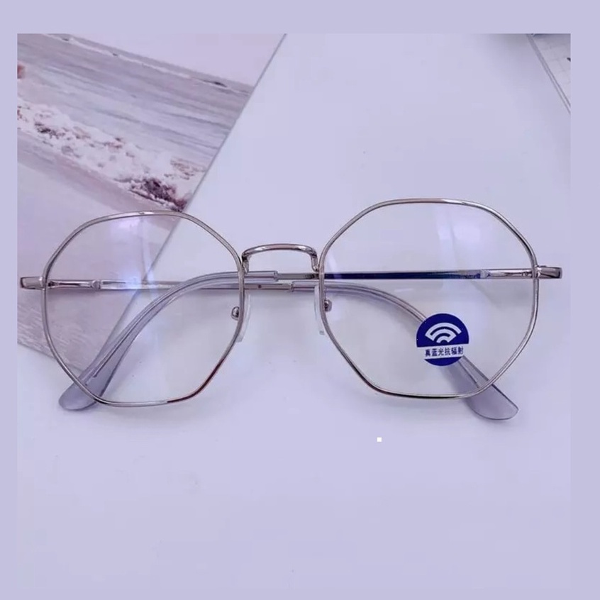 Óculos Grau Anti Luz Azul Armação Geométrica Miopia Prateado S5585 ...