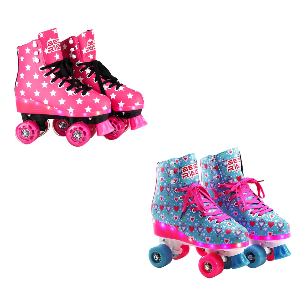 Patins Retrô Clássico 4 rodas Quad Roller Azul ou Rosa c/ Led Tam.33/34 ...