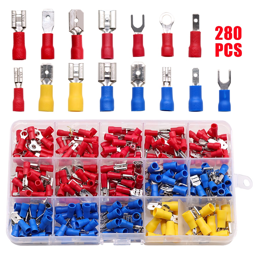 280PCS Insulated Cable Connector Electrical Wire Assorted Crimp Spade Butt Ring Fork Set Ring ...