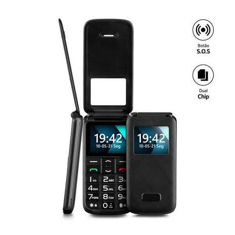 Celular Flip Vita Lite Idoso Dual chip 2G P142 Bluetooth Botão SOS Micro USB Rádio FM AM MP3 ...