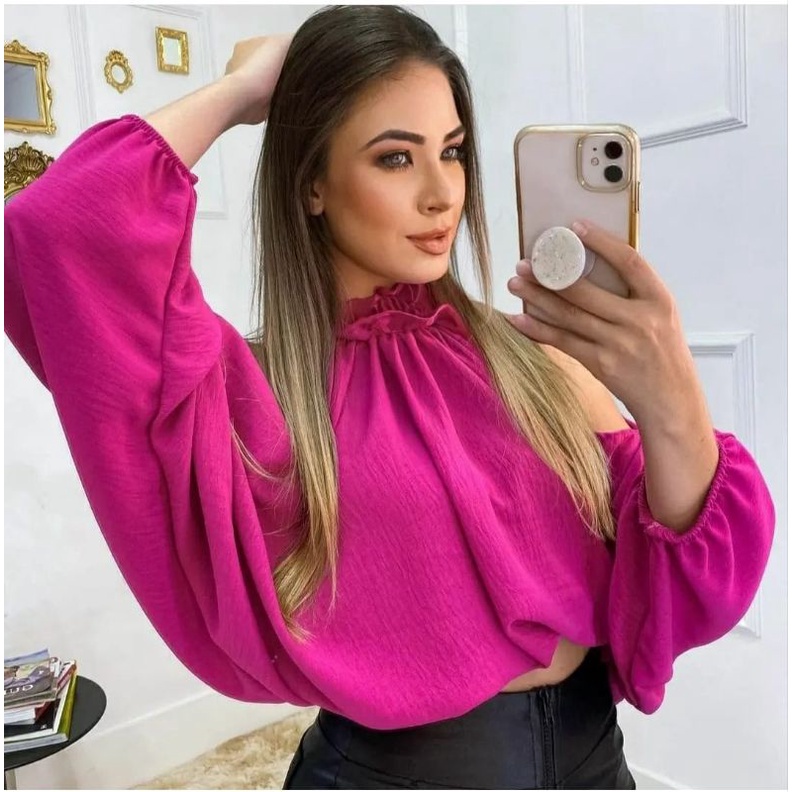 Blusa croppet Femenina ombro aberto gola alta Babado manga longa ...