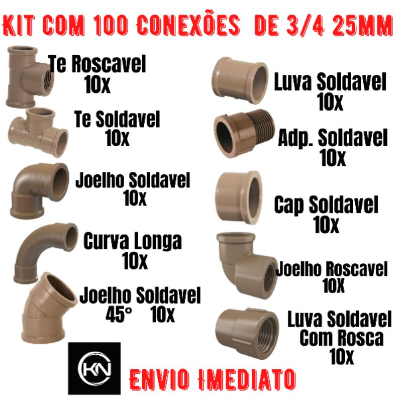 Kit Com 100 conexões Soldavel PVC 3/4 25mm Te Joelho Cotovelo Luva ...