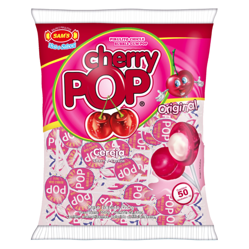 Pirulito Cherry Pop Cereja Recheio Chiclete c/50 - Sams - Escorrega o Preço