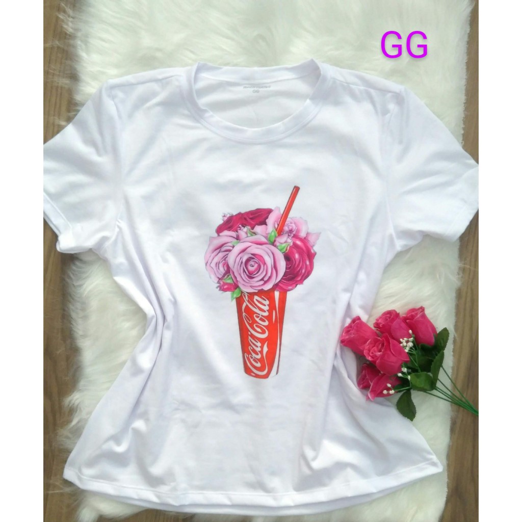 Camiseta Blusa Blusinha Estilo T Shirt Copo Coca Cola Canudo Flores GG ...