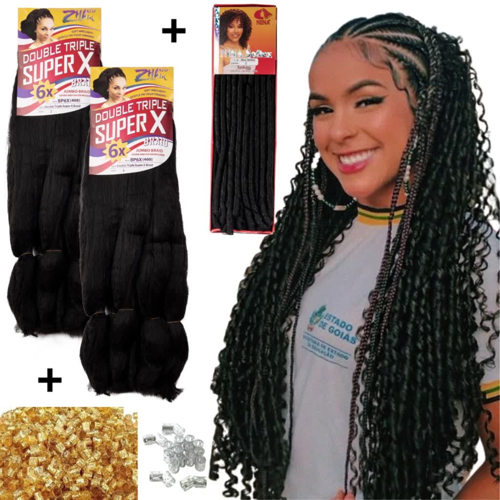Kit 2 Cabelo Jumbo Super Hiper X + Nina Softex Original E Aneis Tranças ...
