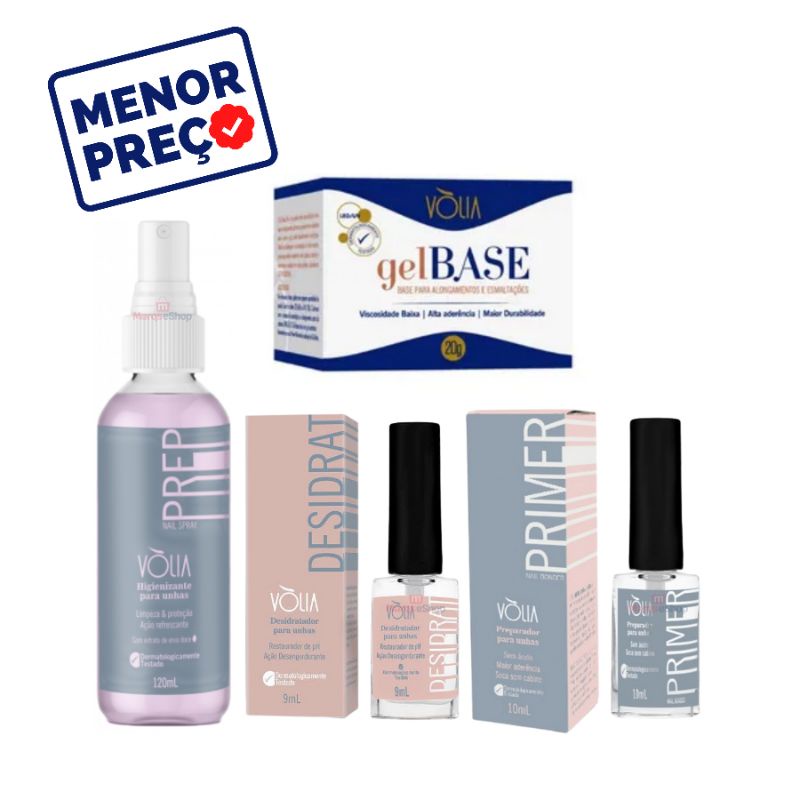 Kit Preparadores Vólia Alongamento de Unhas Gel Base + Desidrat + Prep ...