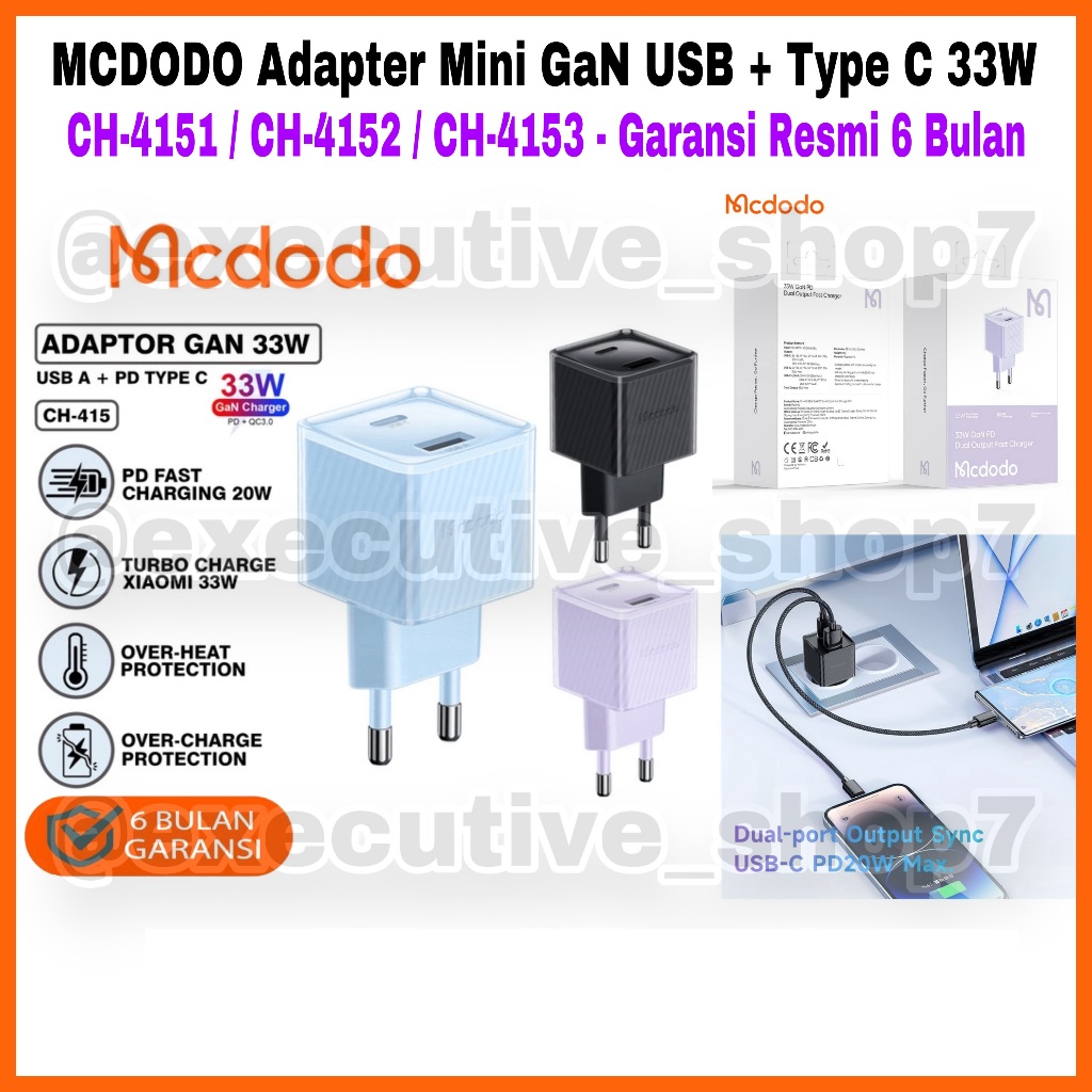 Adaptador Mcdodo Mini GaN USB + Type C 33W-CH-4151/- 4152 4153-Garantia Oficial De 6 Meses ...