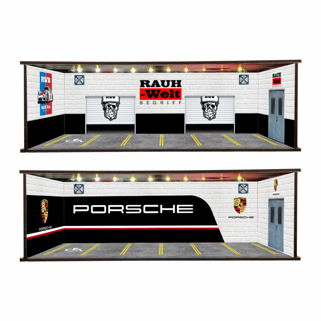 Garagem DIORAMA 1/64 PORSCHE RWB RAUH WELT BEGRIFF SKULL SKY OCEAN RAIN ...
