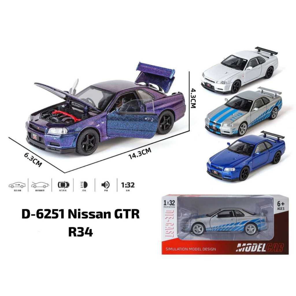 Diecast Nissan GTR R34 Skyline Escala 1 : 32 Som E Luz De Retrocesso De ...