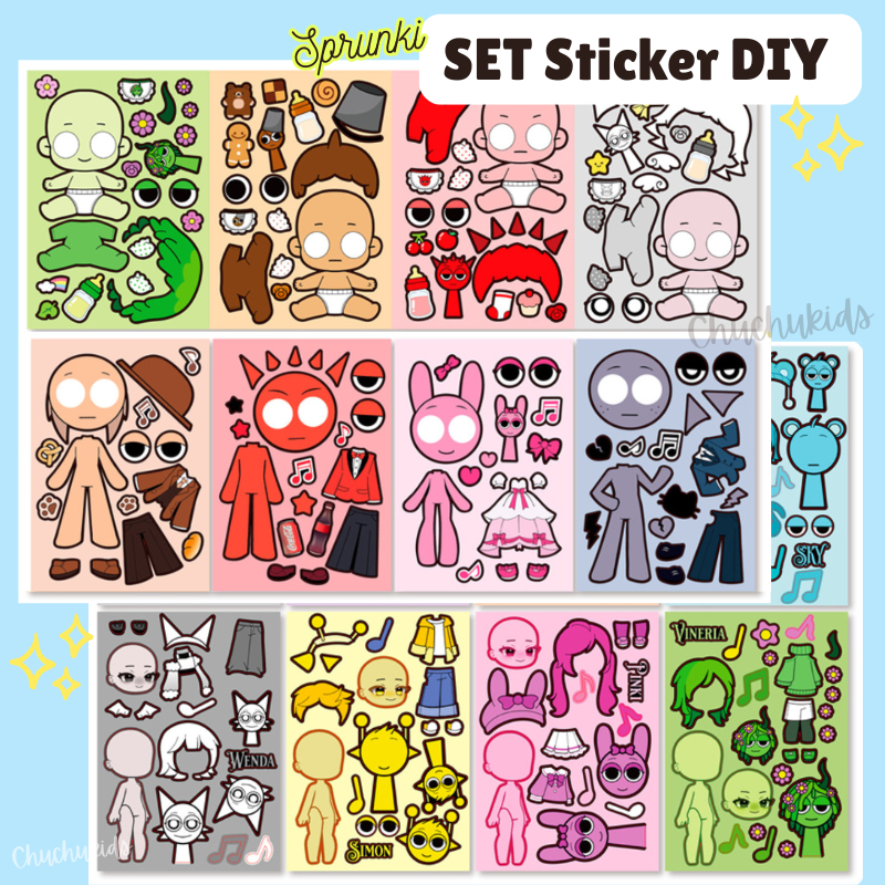 Conjunto De Adesivos Sprunki 8 Folhas Dandy World Dress Up Face ...