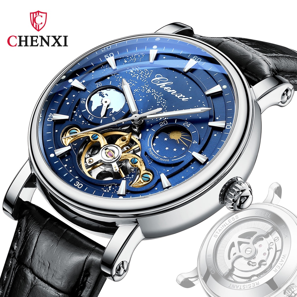 CHENXI/Relógio Masculino Galaxy Moon Phase Tourbillon Relógio Mecânico ...