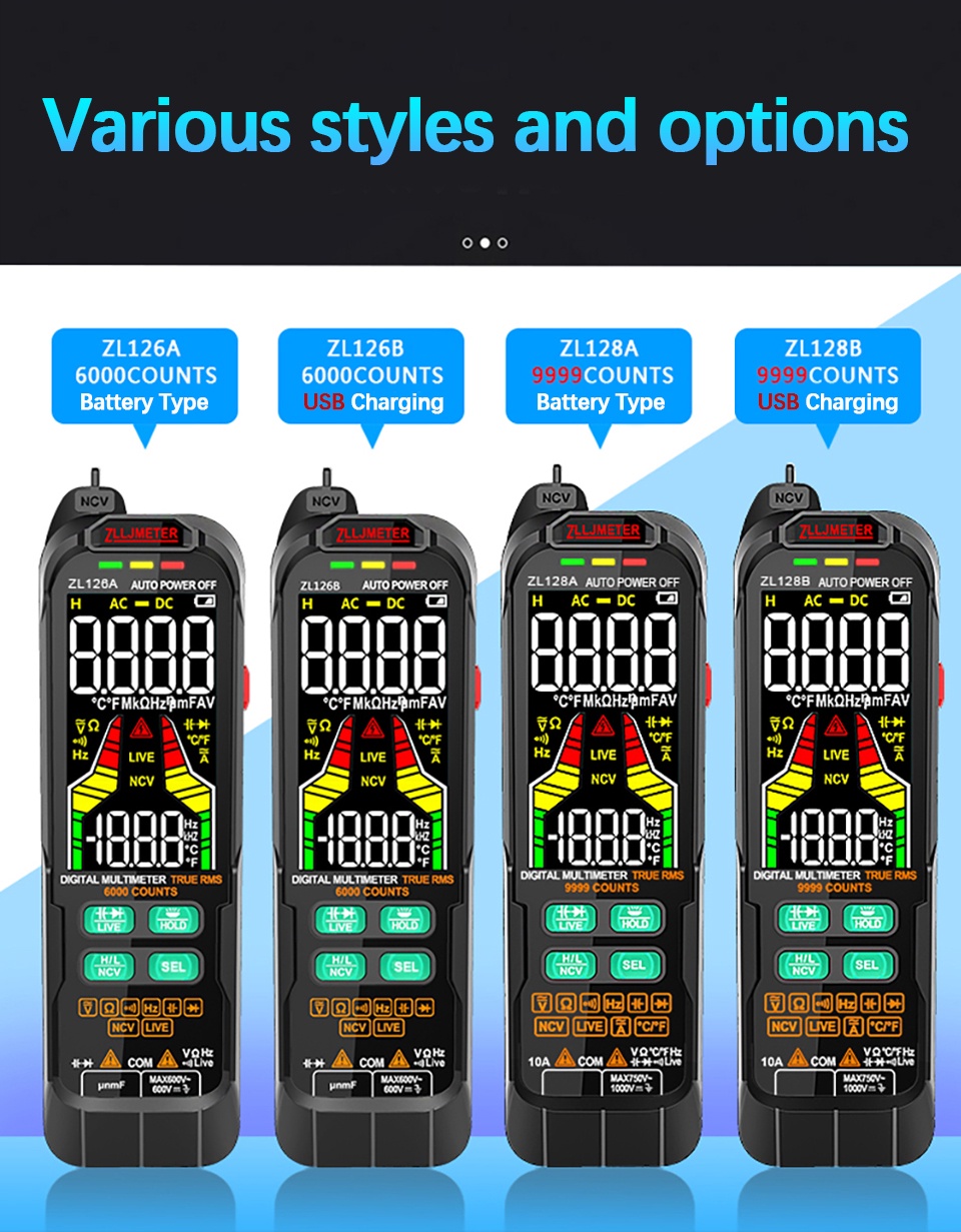 ZL126/ZL128 Multímetro Digital USB De Corrente AC DC Recarregável ...