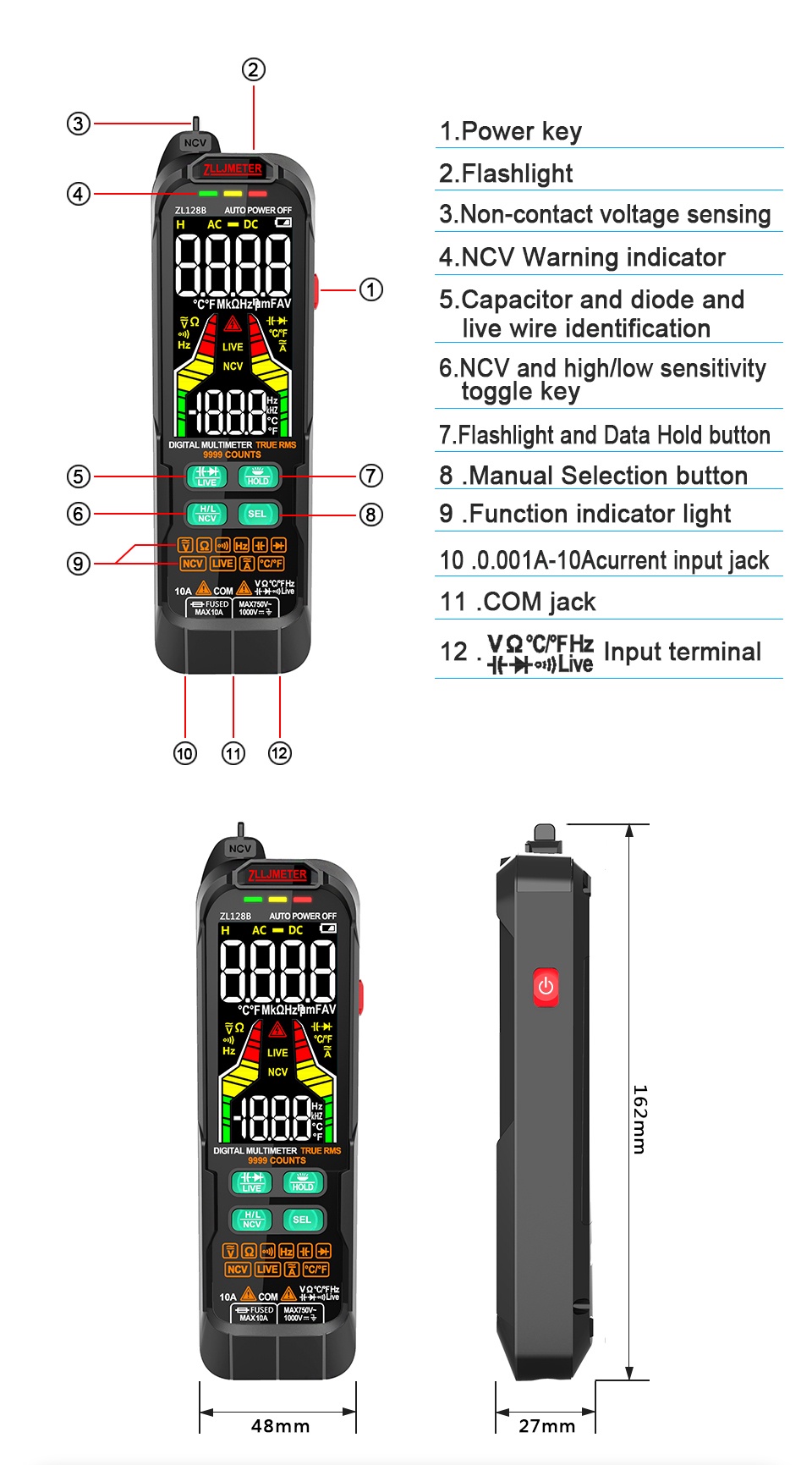 ZL126/ZL128 Multímetro Digital USB De Corrente AC DC Recarregável ...